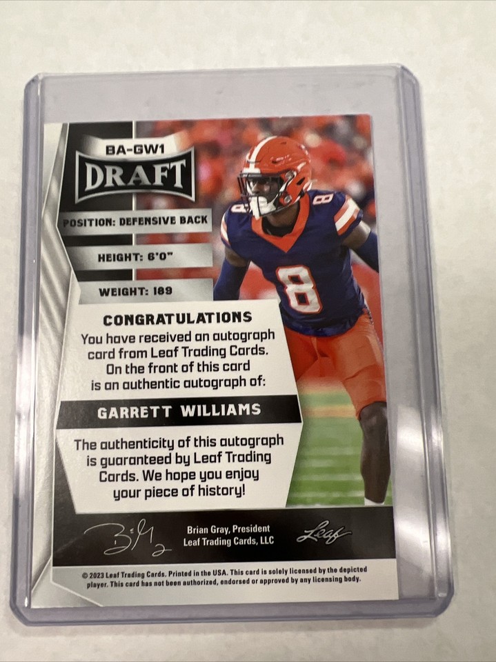 2023 Leaf Draft Garrett Williams RC Autograph XRC #BA-GW1 ARIZONA ...