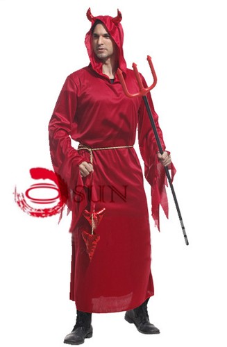 Men Evil Red Devil Cloak Halloween Costume Hooded Robe Party Fancy ...