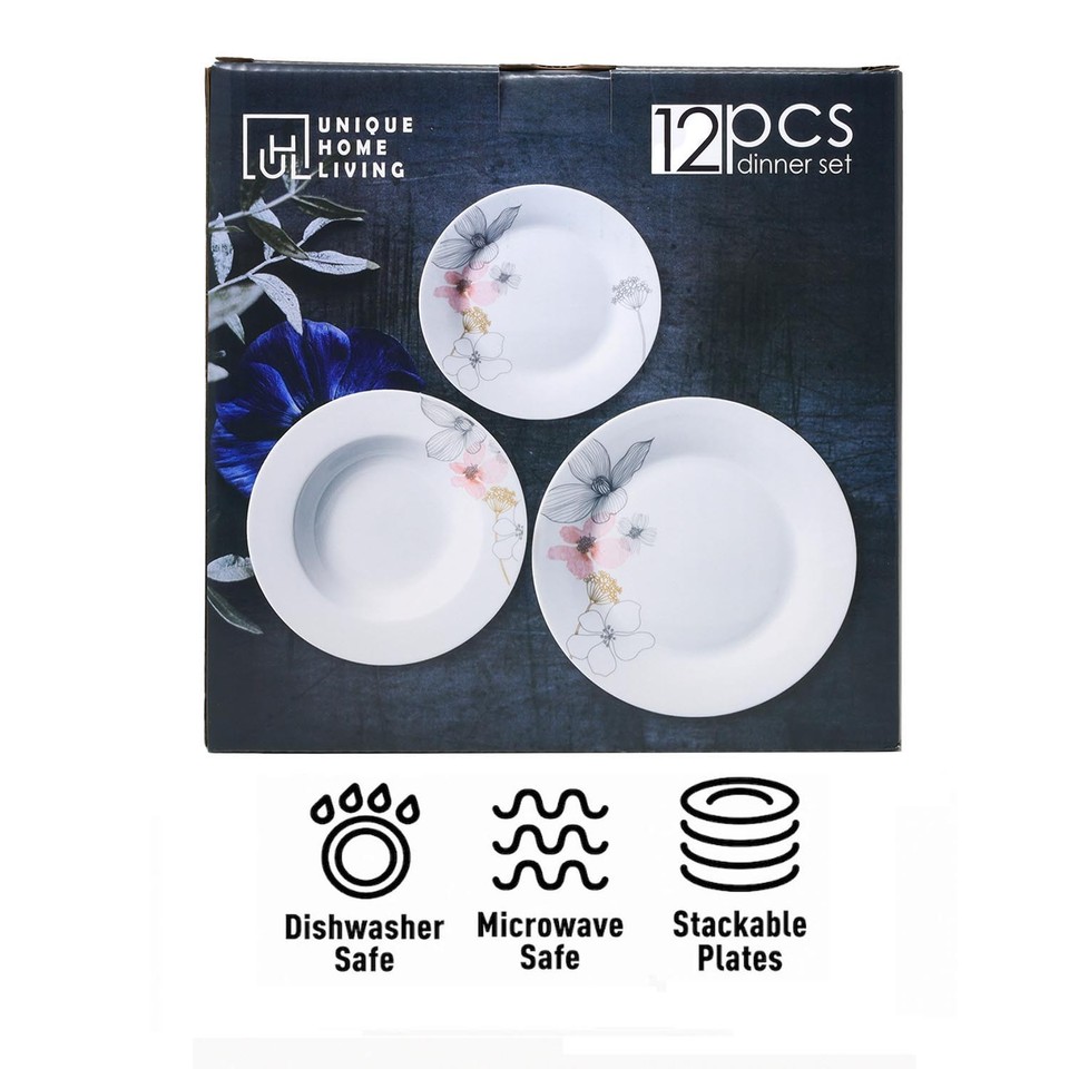 12-pc Dinner Set White Soup Dessert Plates Floral Circle Round Four ...