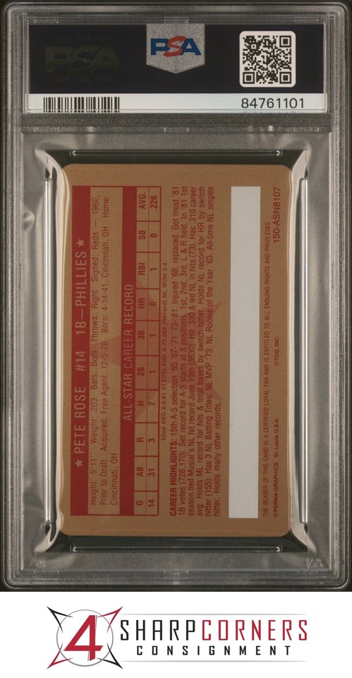 1981 PERMA-GRAPHICS ALL-STAR CREDIT CARD GOLD PETE ROSE PSA 10 B3886338 ...