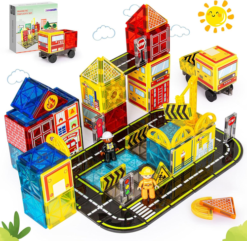 Magnetic Tiles Road Set with Fire Trucks & 2 Dolls, Double-Sided Magnet ...