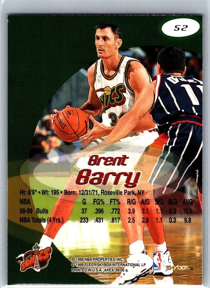 BRENT BARRY 1999 Skybox APEX NBA Basketball Card #52 Seattle ...