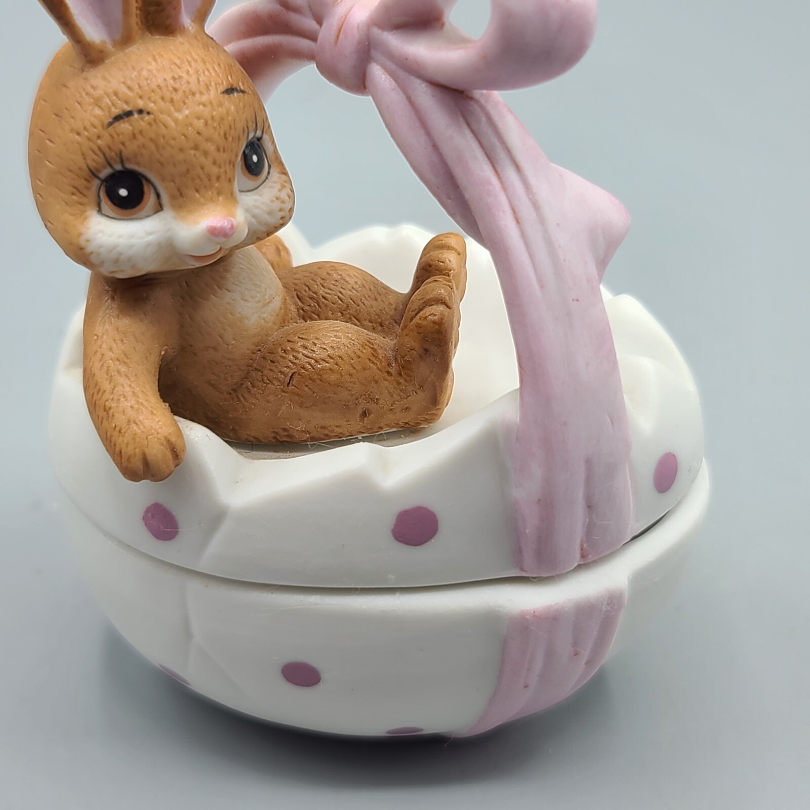 Lefton Easter Figurine Bunny and Egg Bisque Trinket Box Taiwan Pink Bow Spring | eBay