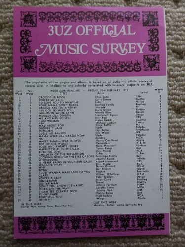 3UZ TOP 40 MUSIC CHART 1973 FEB 23. Vintage retro RARE EXCELLENT ...