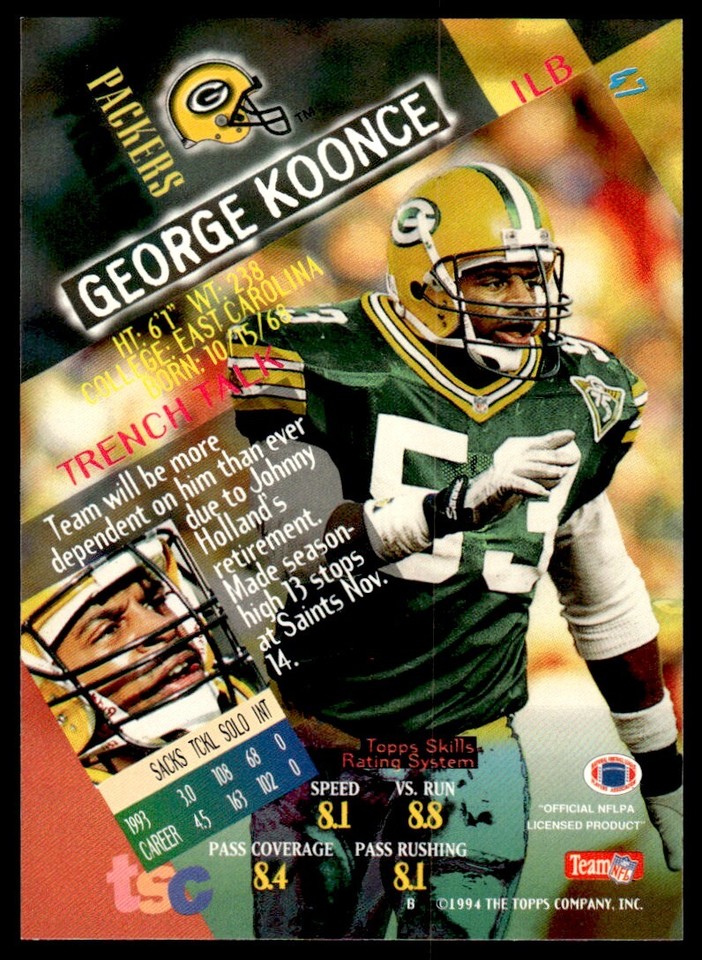1994 STADIUM CLUB SUPER BOWL XXIX GEORGE KOONCE GREEN BAY PACKERS #47 ...