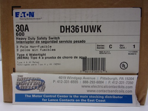 DH361UWK - Eaton - Heavy Duty Safety Switch - 3 POLE, 30 AMP, 600 VOLT ...