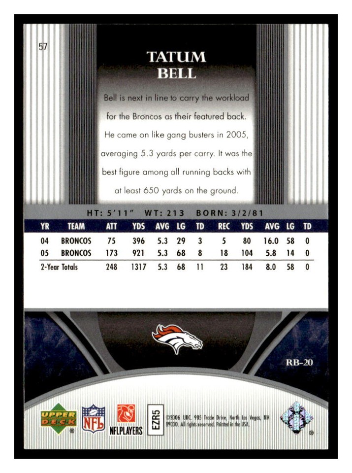 Tatum Bell 2006 Upper Deck Ultimate Collection 57 SN525 | eBay