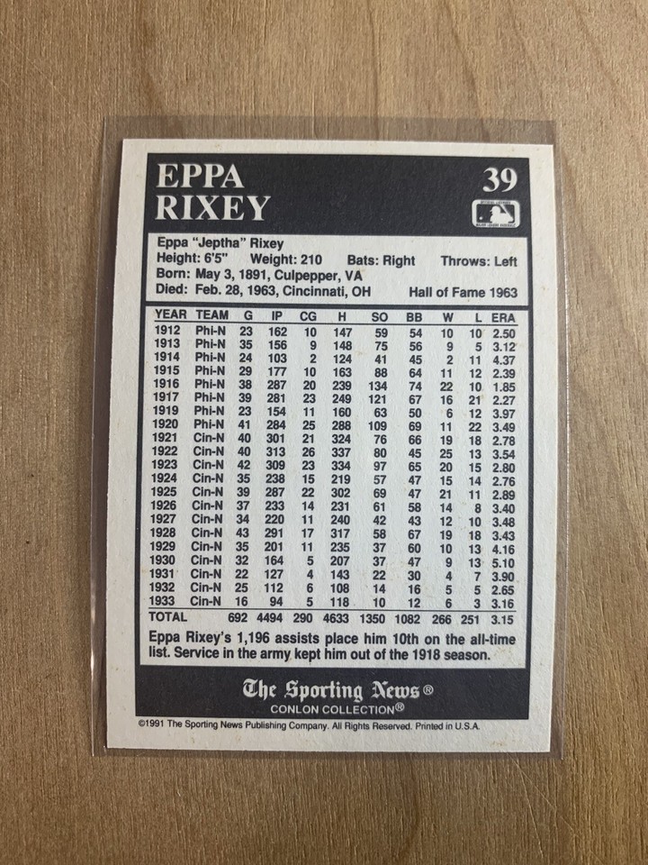 1991 CONLON COLLECTION TSN - EPPA RIXEY #39 CINCINNATI REDS | eBay