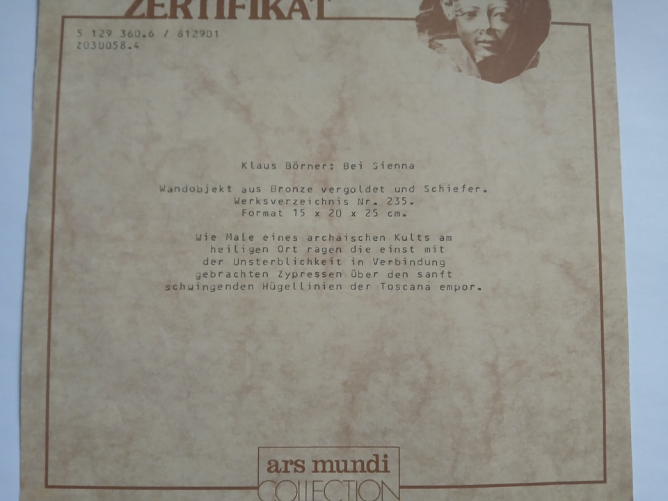"Bei Sienna" Wandobjekt von Klaus Börner, Bronze vergoldet und Schiefer ...