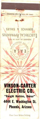Phoenix Arizona Vinson-Carter Electric Co. Vintage Matchbook Cover | eBay