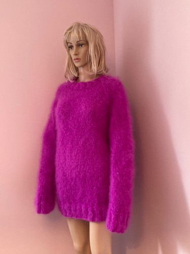 Brand New Hand Knitted Fluffy Crew Neck Sweater in Bright Pink | eBay