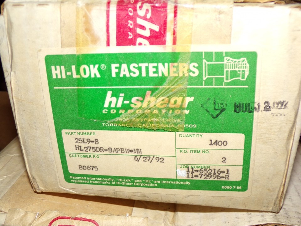 Hi-Lok Fasteners Hi-Shear Corp HL275DR-8APBW-MM w/ Spacers (Sale for 25 ...