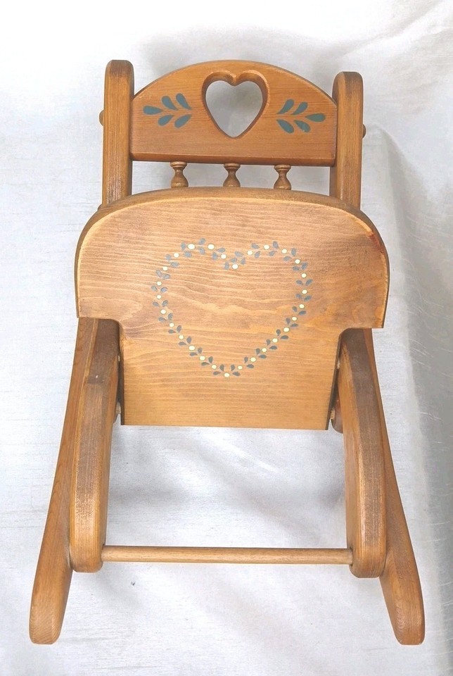 Vtg Wooden Doll Teddy Bear Rocking Chair Foldable Hand Painted Hearts ...