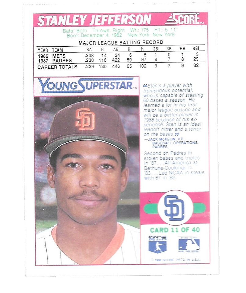 1988 Score Stanley Jefferson 11 Young Superstar San Diego Padres ...