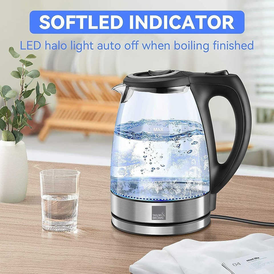 1.7L Electric Kettle Glass 360 Blue LED Illuminated Portable Jug 2200W ...