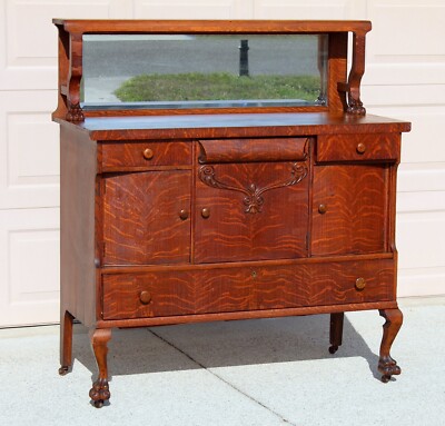Antique Victorian Quarter-Sawn Tiger Oak Buffet Sideboard With Beveled ...