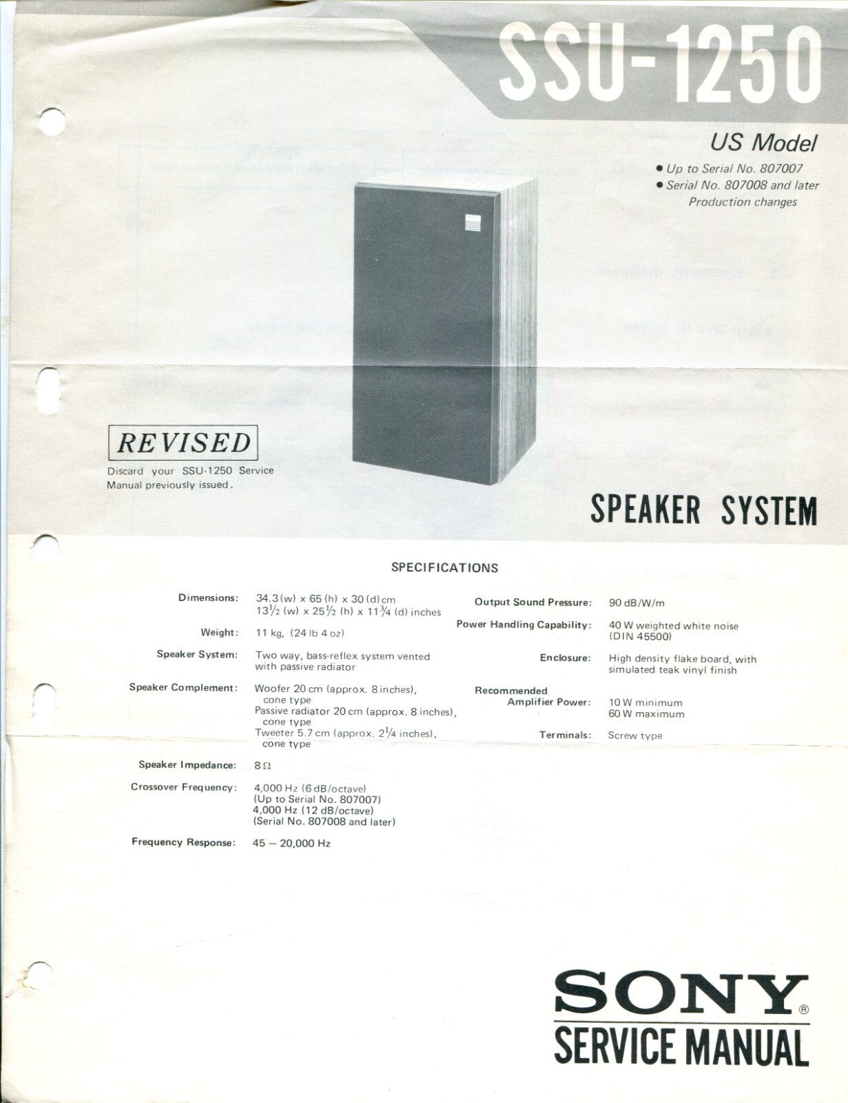 Sony Model SSU-1250 Speaker System Service Manual + Revised Manual | eBay