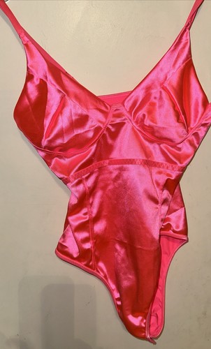 Hot Pink vtg Second Skin Satin Glossy TEDDY Glossy Bra Hi Cut Panty ...