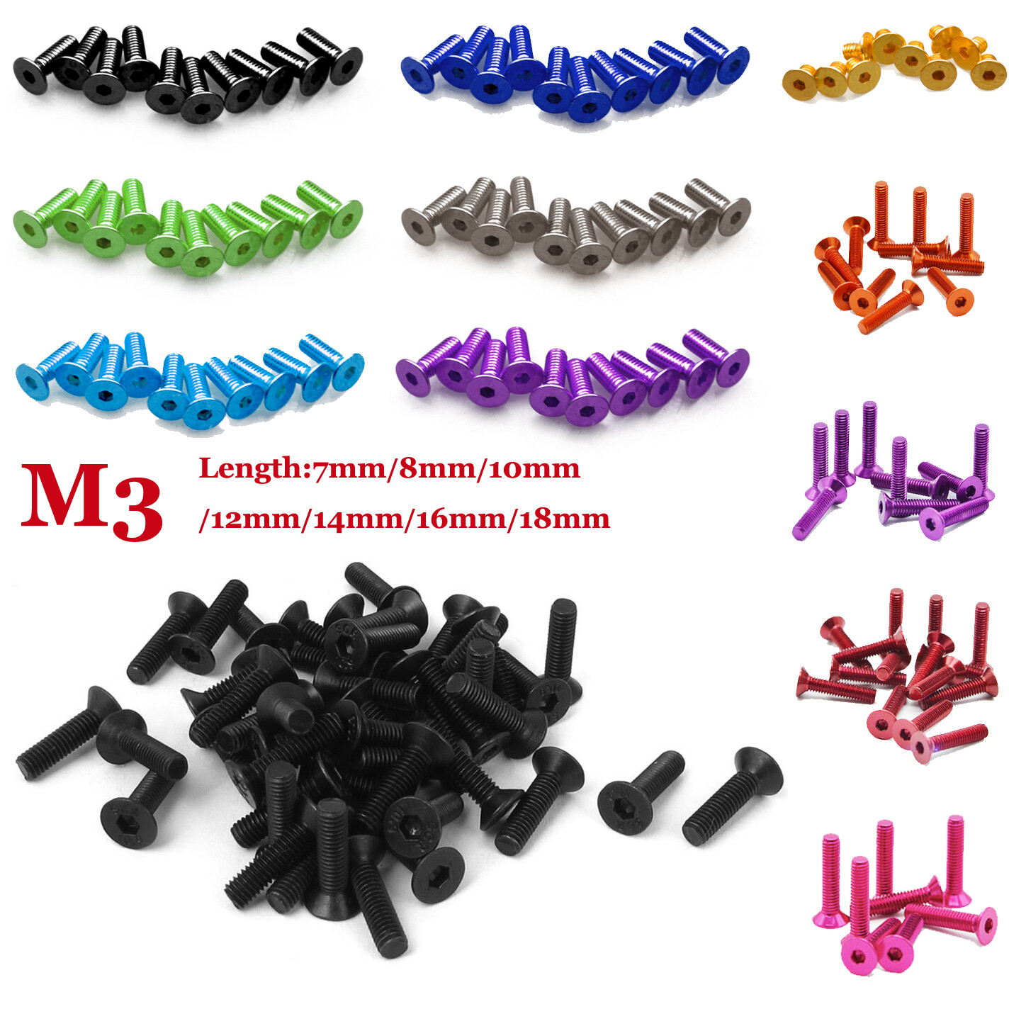 M3 10/50/100pcs 7mm~18mm Hex Socket Bolts Countersunk Flat Head Screws ...