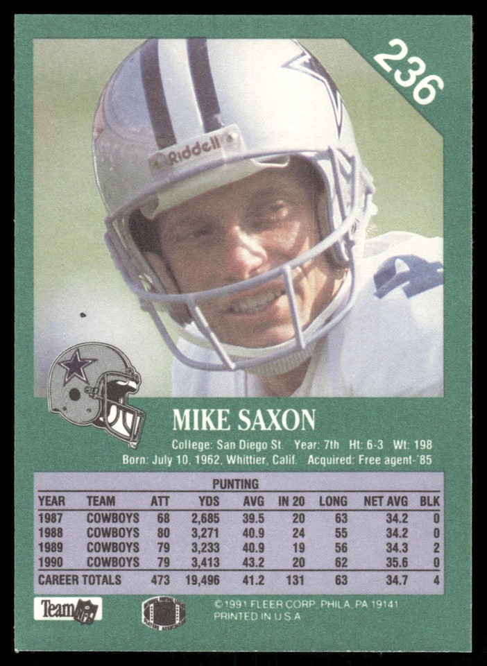 1991 Fleer #236 Mike Saxon Dallas Cowboys | eBay