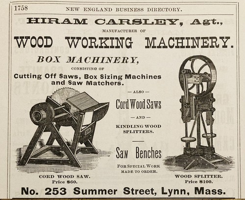 1883 AD(N18)~HIRAM CARSLEY, WOOD WORKING MACHINERY, SUMMER ST. LYNN ...