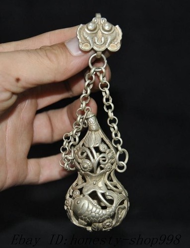 4.4'' Chinese Ancient Tibetan silver lotus goldfish statue Gourd Sachet ...