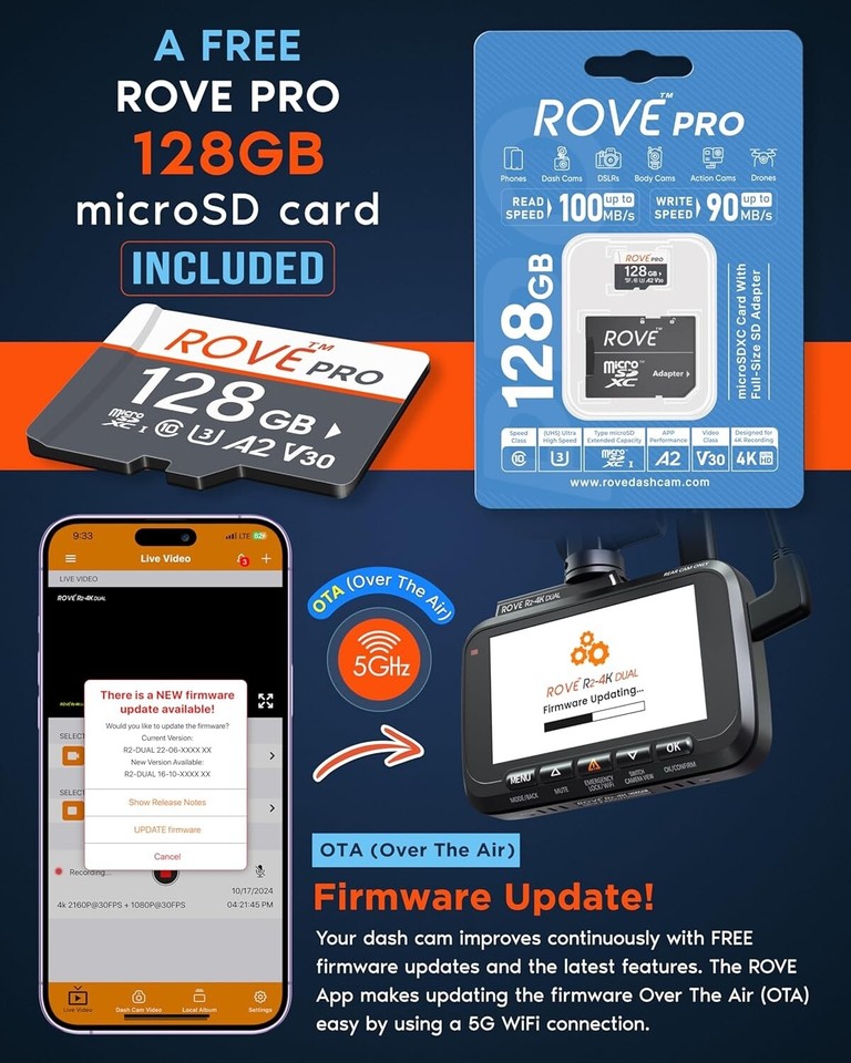 ROVE R2-4K DUAL Dash Cam Front and Rear, STARVIS 2 Sensor, FREE 128GB ...