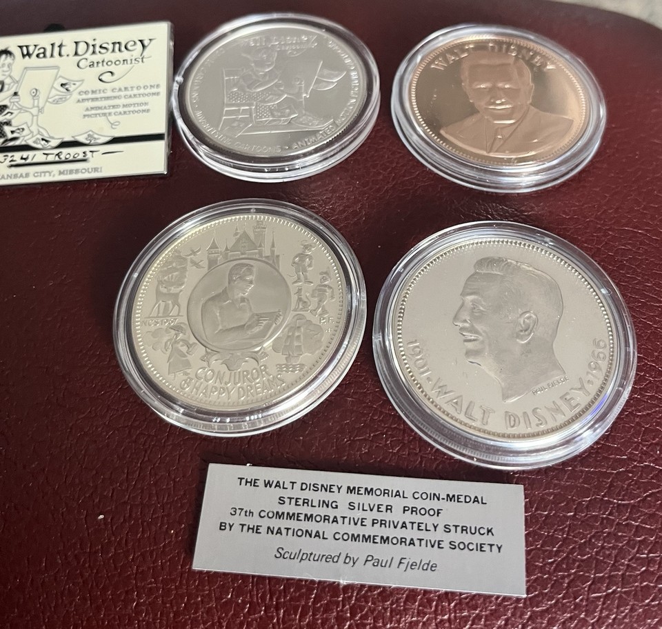4 Walt Disney Rare Sterling Silver & Bronze Coins Plus A Rare Disney ...