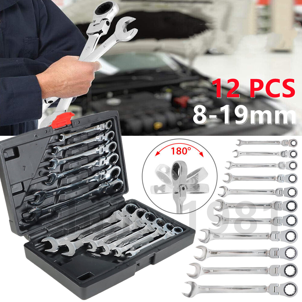 12pcs Metric Ratchet Flexible Spanner Set 8-19mm Combination Wrench ...