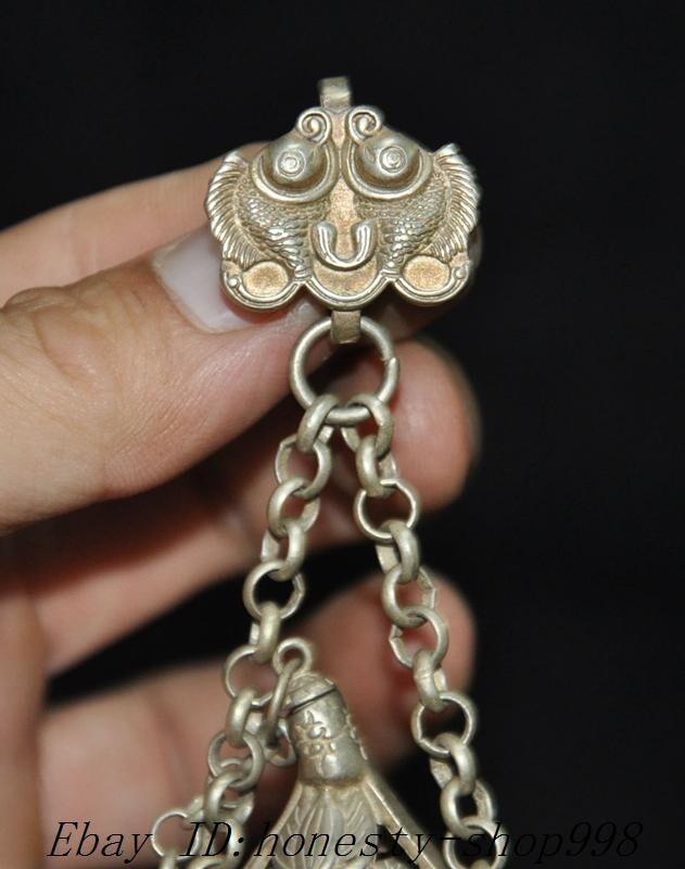 4.4'' Chinese Ancient Tibetan silver lotus goldfish statue Gourd Sachet ...
