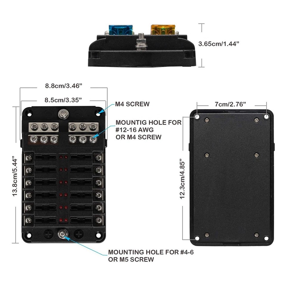 12V 12 Way Marine Fuse Fuse Panel with Ground & 12 Volt Fuse Box for ...