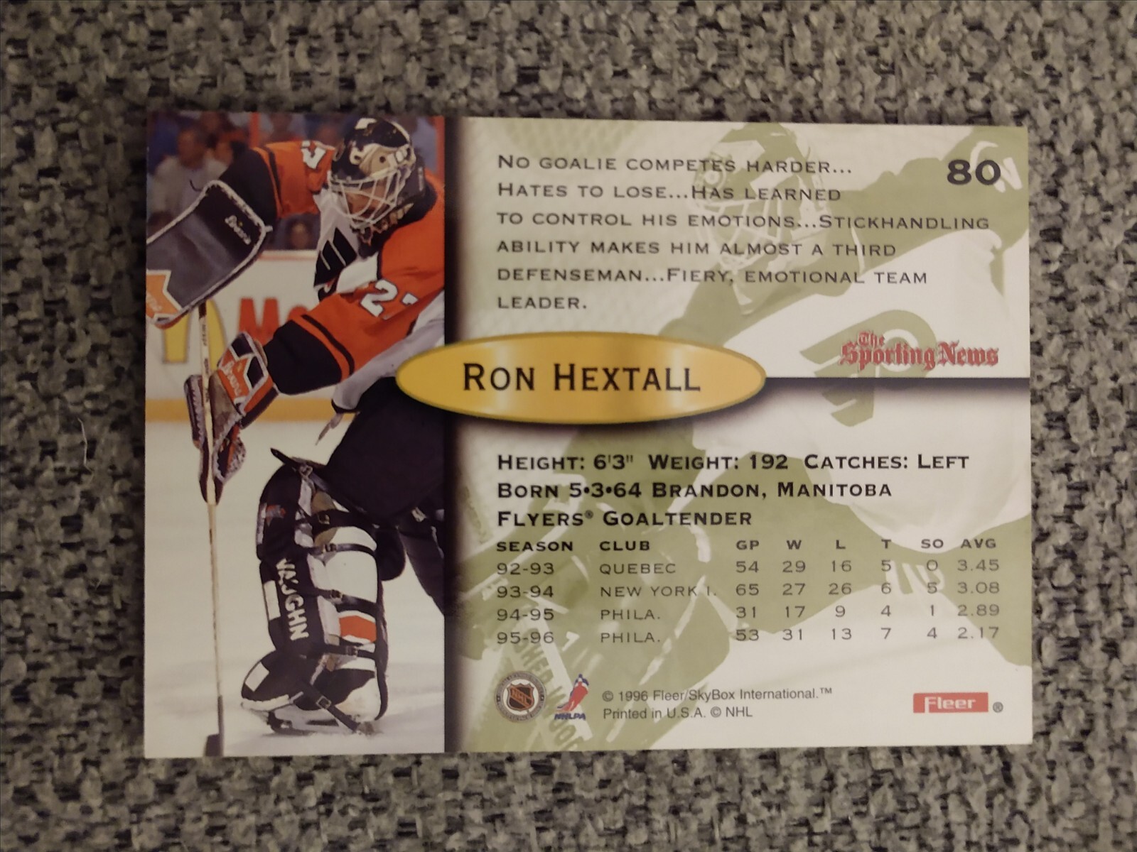 Ron Hextall Philadelphia Flyers 1996-97 Fleer Hockey Card #80 EX or ...