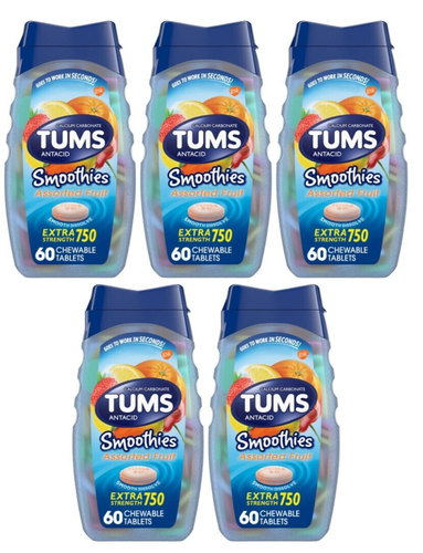5 PACK Tums Smoothies Extra Strength Assorted Fruit, Chewable Tablets ...