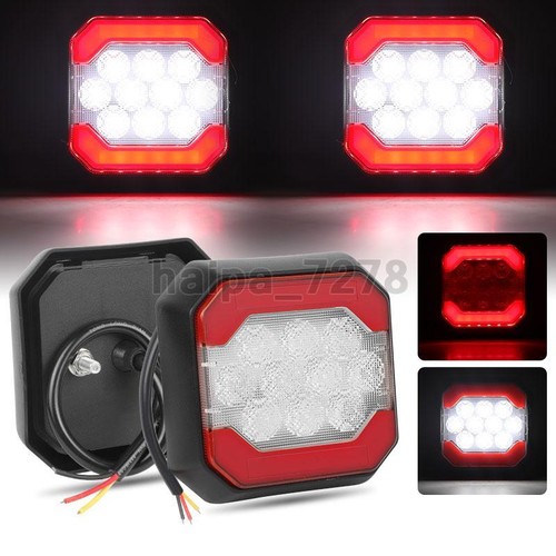 2PC Red White LED Square Truck Trailer Tail Stop Reverse Turn Brake ...
