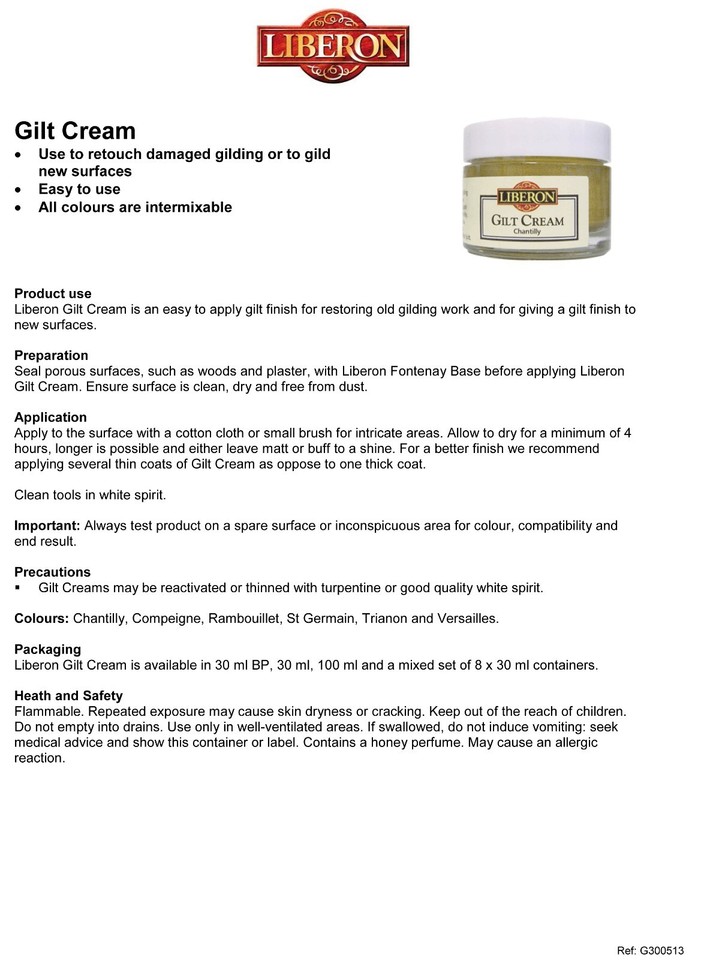 Liberon Gilt Cream Compeigne 30ml Retouch Damaged Gilding or Gild New ...