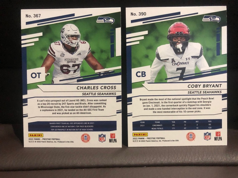 (2) 2022 Panini Pestige Charles Cross RC #367 & Coby Bryant RC #390 ...
