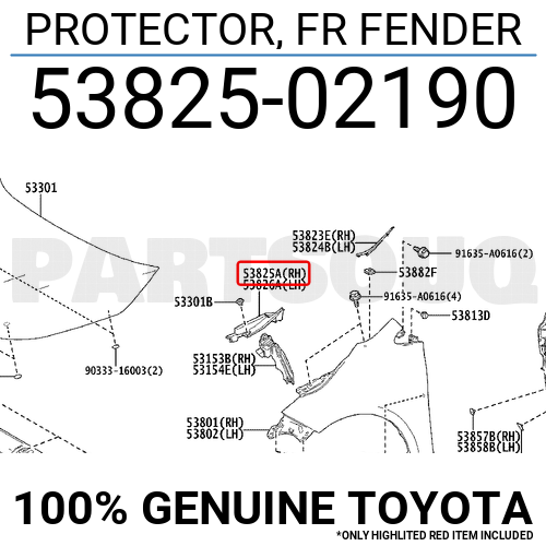 5382502190 Genuine Toyota PROTECTOR, FR FENDER 53825-02190 | eBay