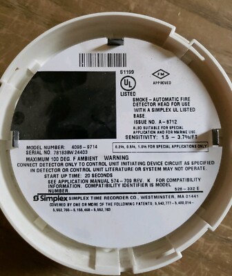 SIMPLEX 4098-9714 ADDRESSABLE FIRE ALARM SMOKE DETECTOR HEAD 1Z-1578 ...