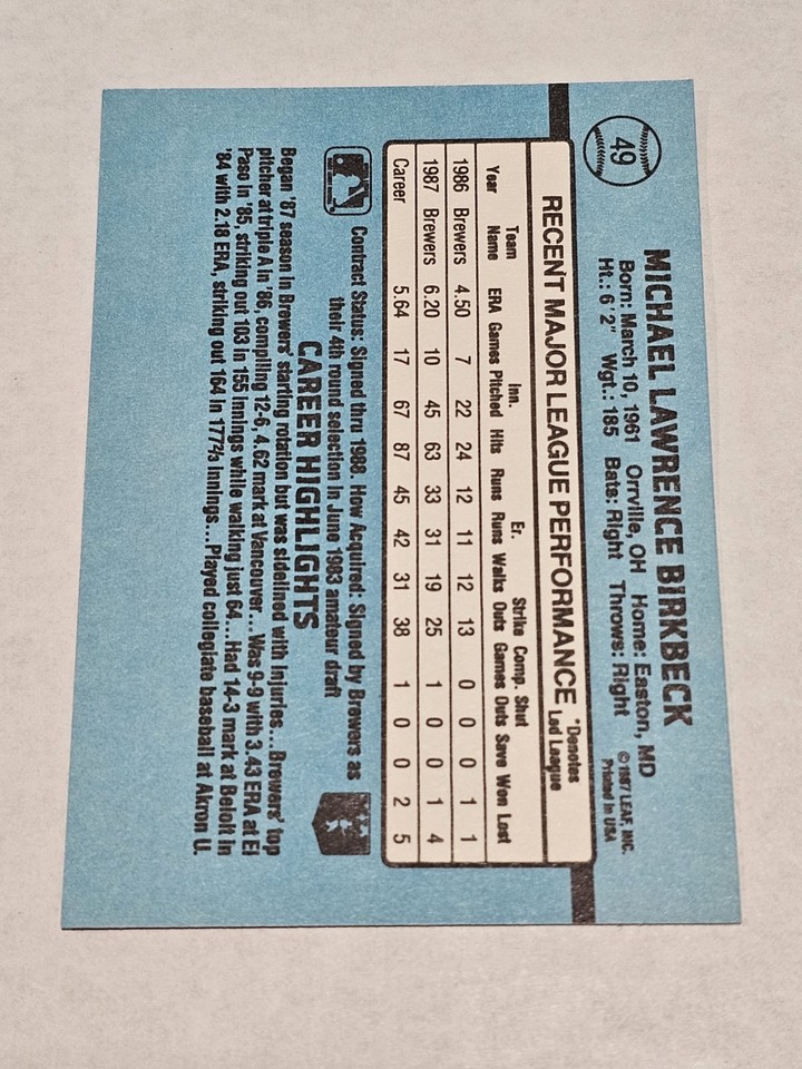 1988 Donruss Mike Birkbeck Baseball Cards #49 | eBay