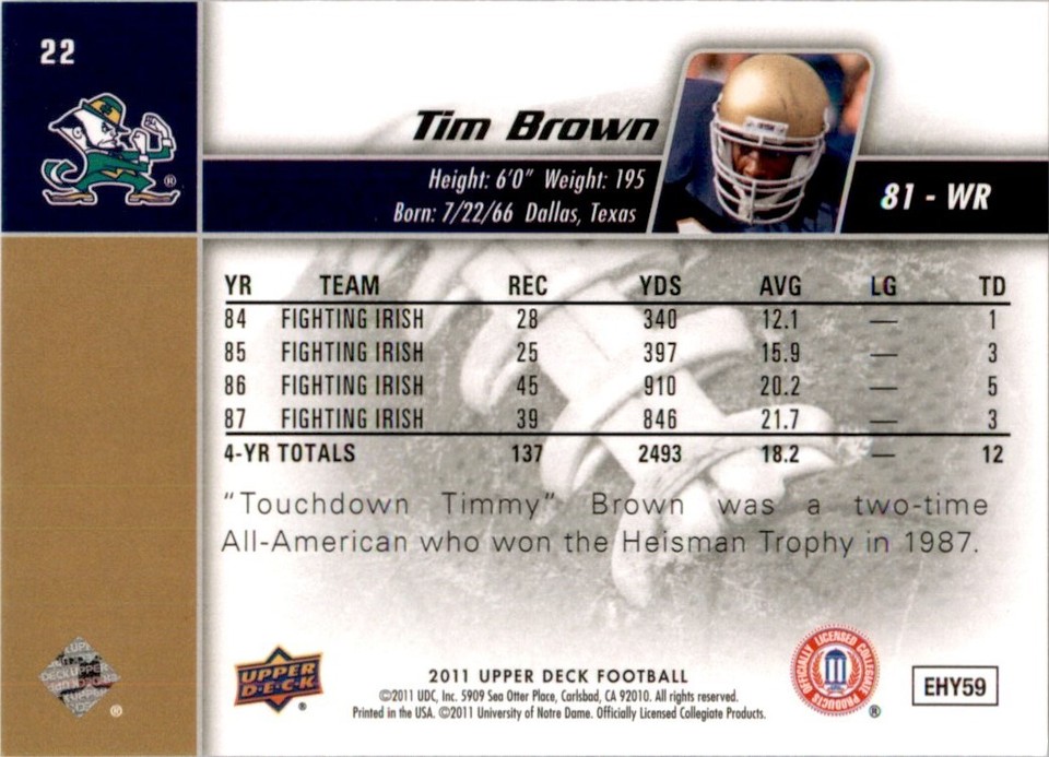 2011 Upper Deck Tim Brown Notre Dame Fighting Irish #22 NCAA Football ...
