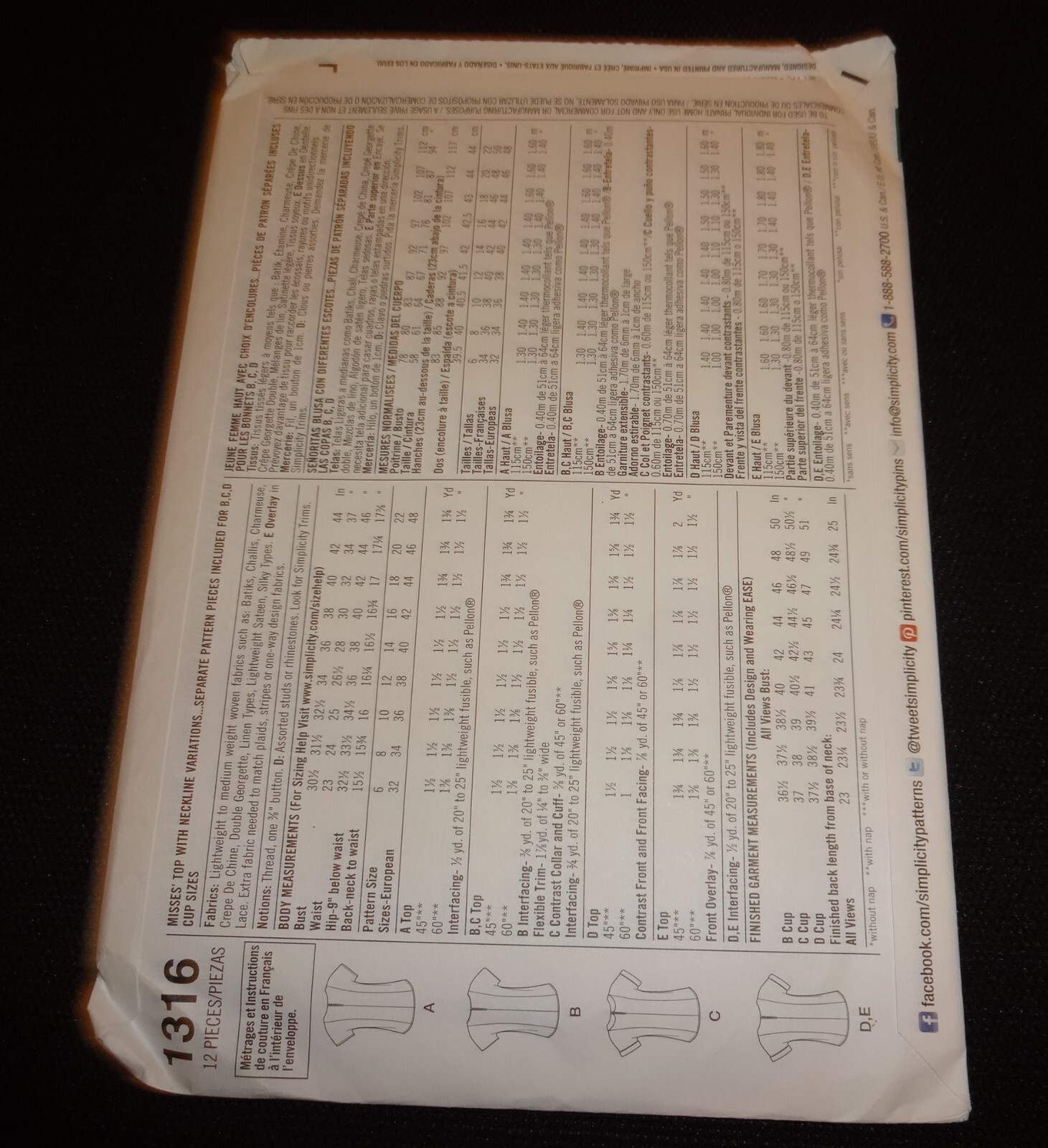 Simplicity Sewing Pattern 1316 Misses Women Top H5 6-14 Uncut for sale ...