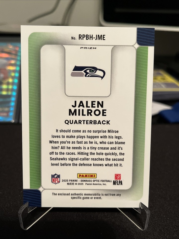 Jalen Milroe 2025 Panini Optic Phenoms Relic RC RPBH-JME Seahawks BCX ...