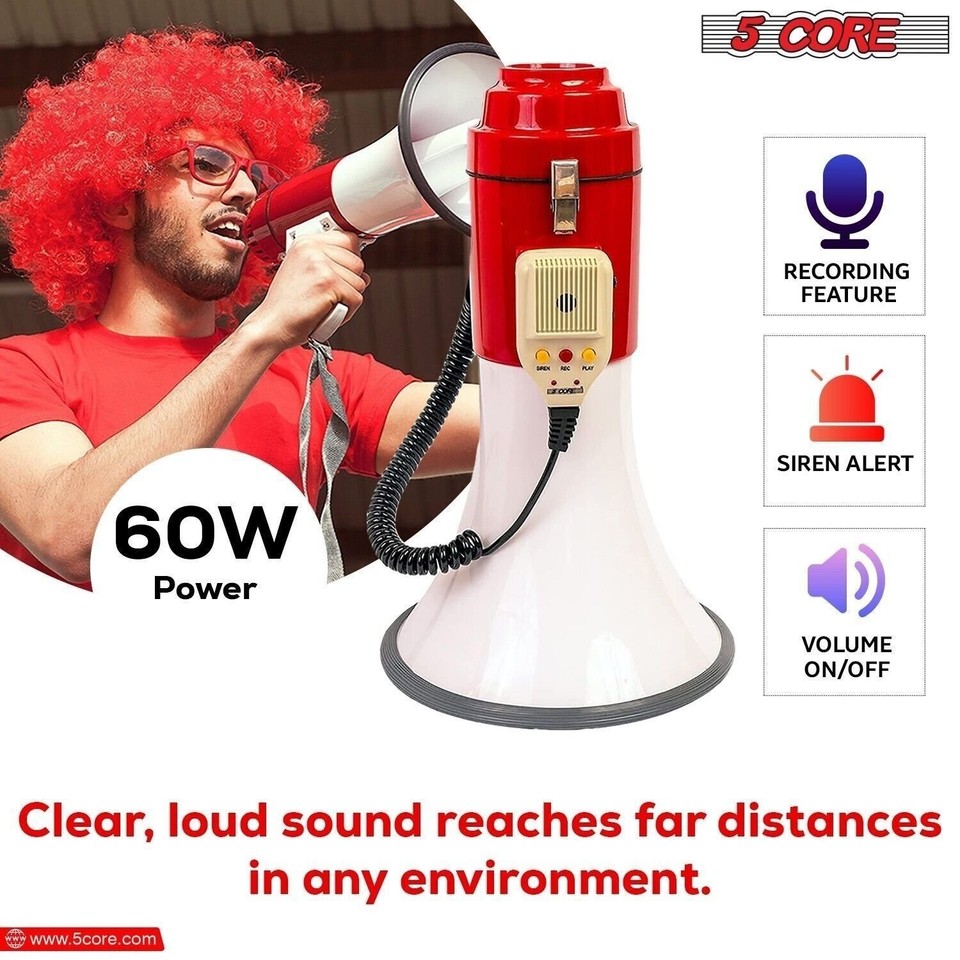 5 Core Megaphone 60W Bull Horn Professional Loud PA Speaker w 1200 ...