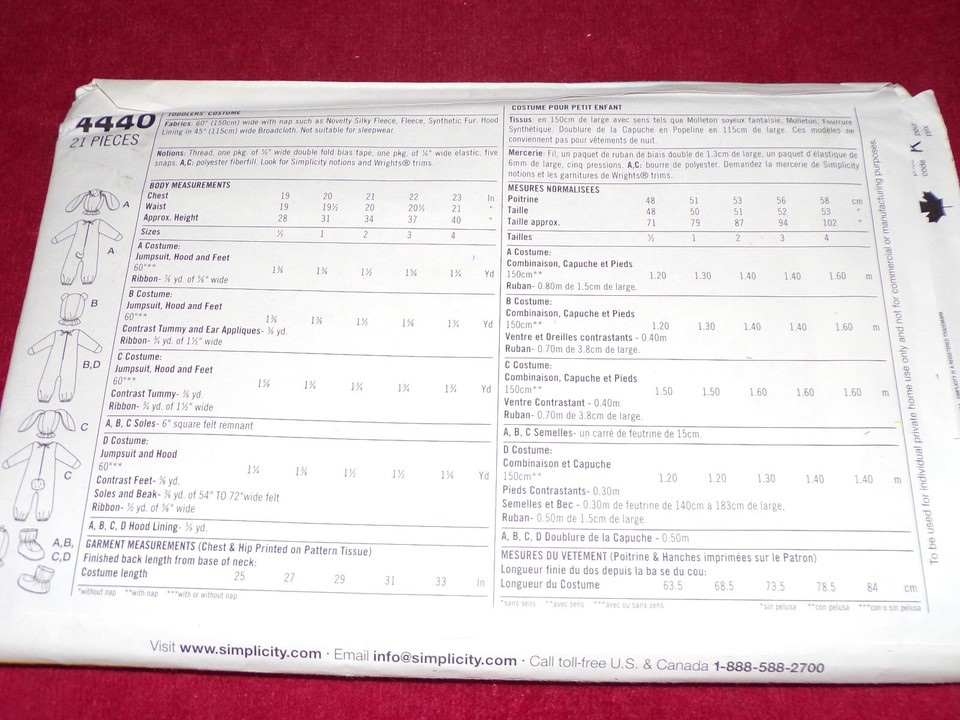 🌷SIMPLICITY #4440 - TODDLERS SEWING FOR DUMMIES ANIMAL COSTUME PATTERN ...