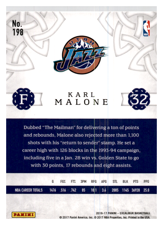 2016 Panini Excalibur #198 Karl Malone Utah Jazz | eBay