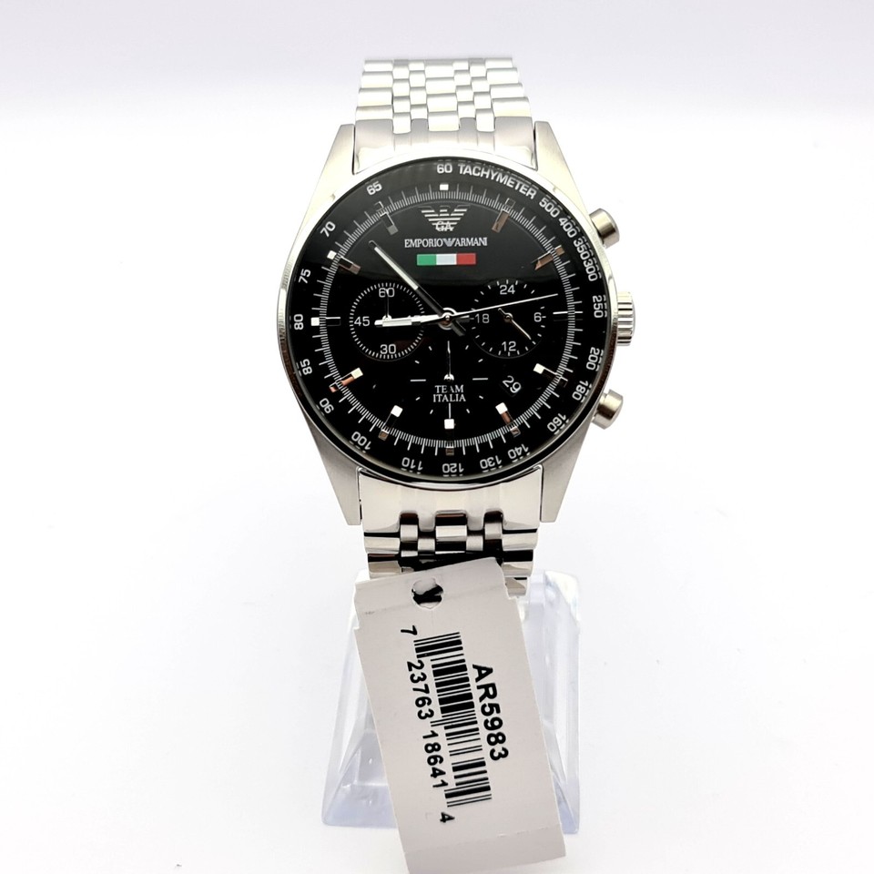 NEW GENUINE EMPORIO ARMANI TAZIO AR5983 BLACK DIAL STAINLESS STEEL MEN ...