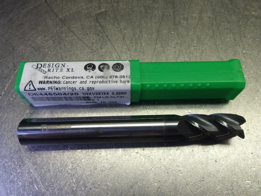 Design-Rite 1/2" 4 Flute Carbide CR Endmill 1/2 Shank .020"R D6446504 ...