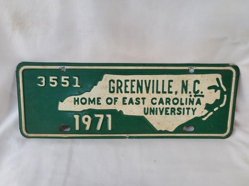 Vintage 1971 Greenville N C 3551 Home Of East Carolina U City License ...