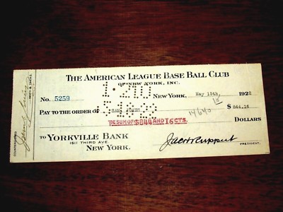 JACOB RUPPERT SAD SAM JONES YANKEES HOF SIGNED AUTO VTG 1922 PAYROLL ...
