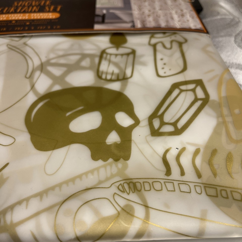 Halloween 2 pc Shower Curtain Set Gold Skulls Cauldron Candles PEVA NEW ...